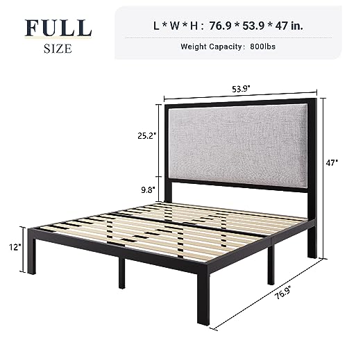 Allewie Full Size Bed Frame with 47'' Tall Upholstered Headboard, High Metal Bed Frame with 12'' Under-Bed Storage Space/Wood Slats Support/Easy Assembly/No Box Spring Need/Noise-Free/Grey