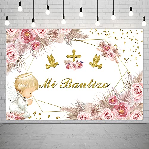 5x3ft Mi Bautizo Backdrop for Girl Baptism Gold Bless Background Boho Pink Flower Golden Dots Photography Baby Shower Banner Party Decorations Floral Newborn Photo Booth Props Supplies