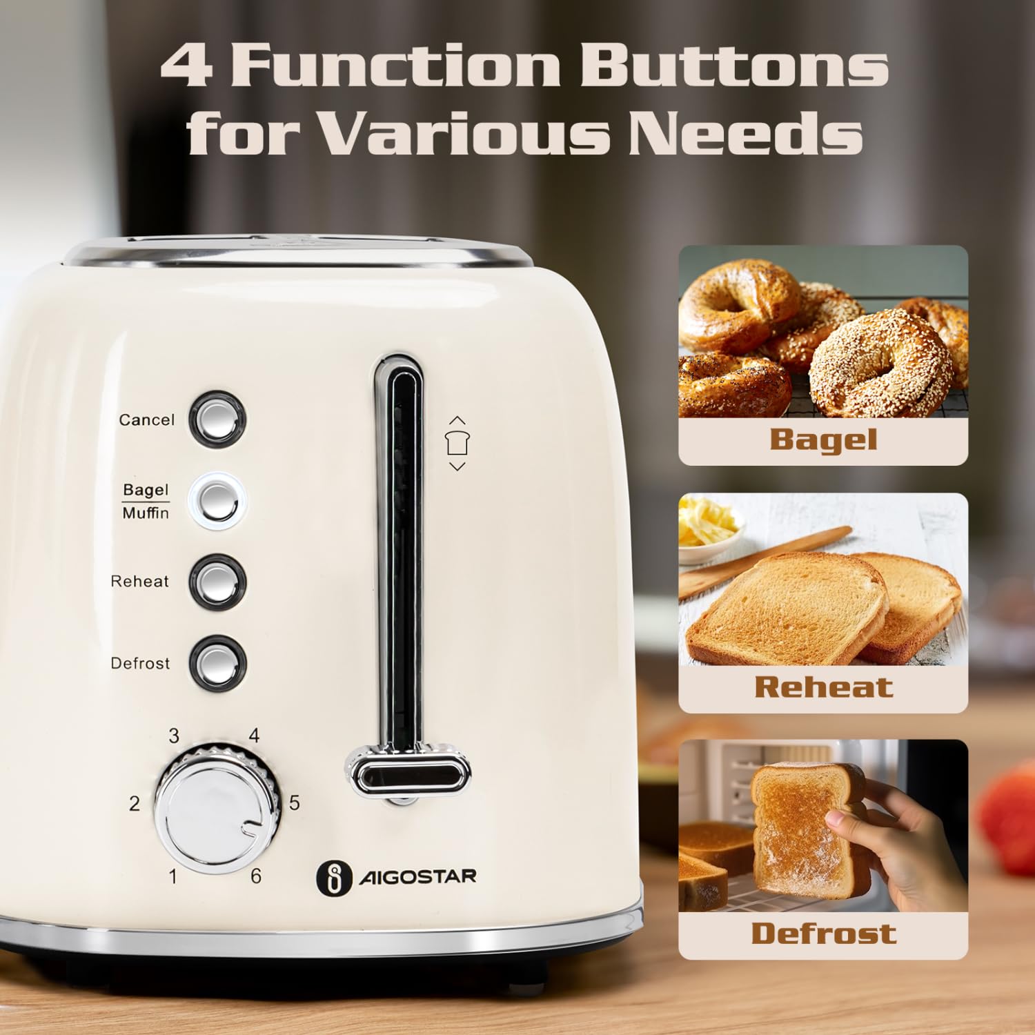 Aigostar Toaster 2 Slice, Retro Extra-Wide Slot Toaster for Toasting Bagel Breads Waffle & More with Cancel, Defrost Function and 6 Browning Setting, Removable Crumb Tray, Stainless Steel, Cream White