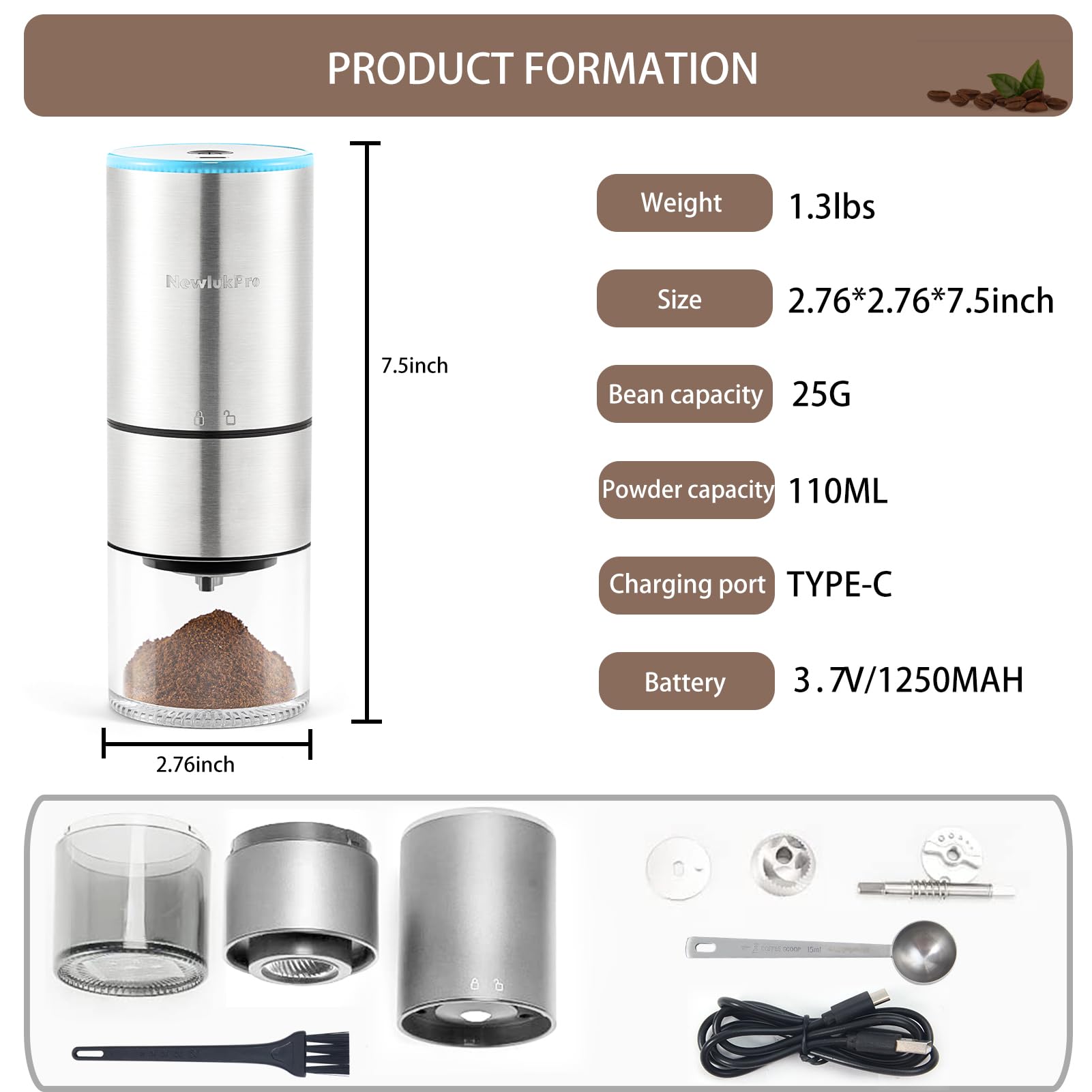 NewlukPro Coffee Grinder Electric, Portable Mini Conical Burr Mill, Stainless Steel Compact Cafe Grind with Precise Adjustable Settings,Automatic Coffee Bean Grinding for Drip Espresso PourOver