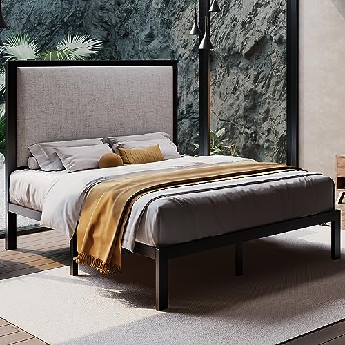 Allewie Full Size Bed Frame with 47'' Tall Upholstered Headboard, High Metal Bed Frame with 12'' Under-Bed Storage Space/Wood Slats Support/Easy Assembly/No Box Spring Need/Noise-Free/Grey