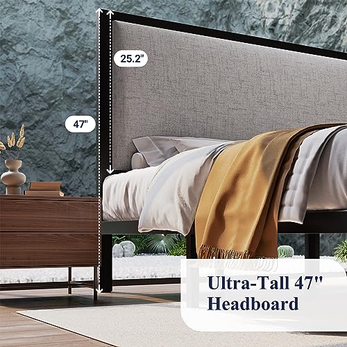 Allewie Full Size Bed Frame with 47'' Tall Upholstered Headboard, High Metal Bed Frame with 12'' Under-Bed Storage Space/Wood Slats Support/Easy Assembly/No Box Spring Need/Noise-Free/Grey