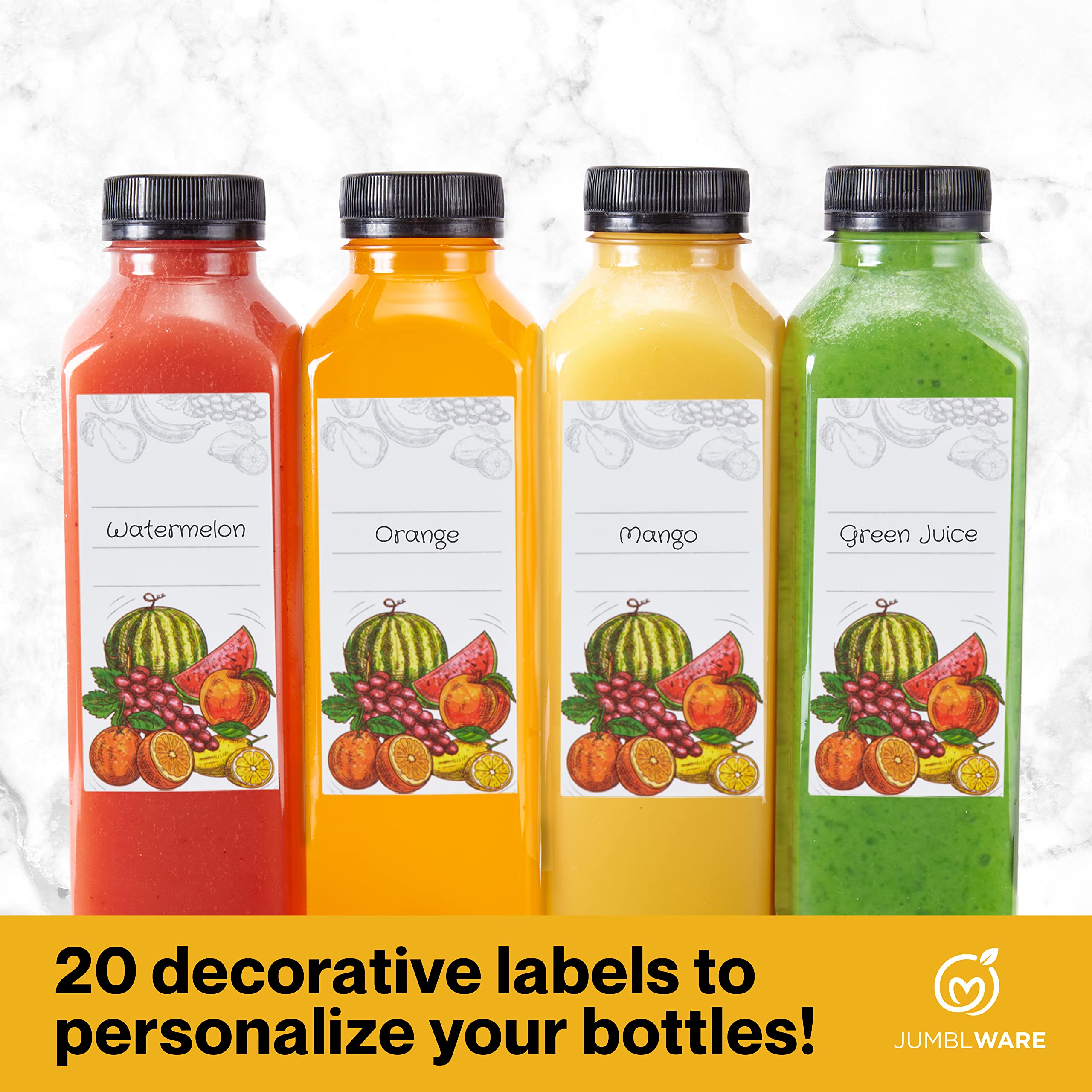 JumblWare Juice Bottles 20 Clear Plastic 16oz Reusable Bottles w/Funnel, Cleaning Brush, & Labels for Work, Gym, Home, & Catered Events Recyclable, Disposable, Shatterproof, BPA-Free Made in USA