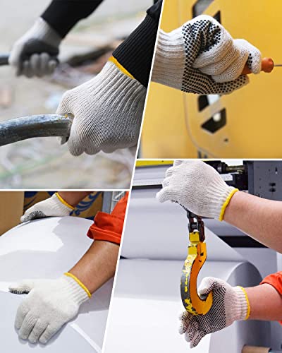 Meegoo Hand Working Gloves, 12 Pairs White Cotton Polyester Liners Gloves Safety Work Gloves for Men Women With Dots (Black, L)