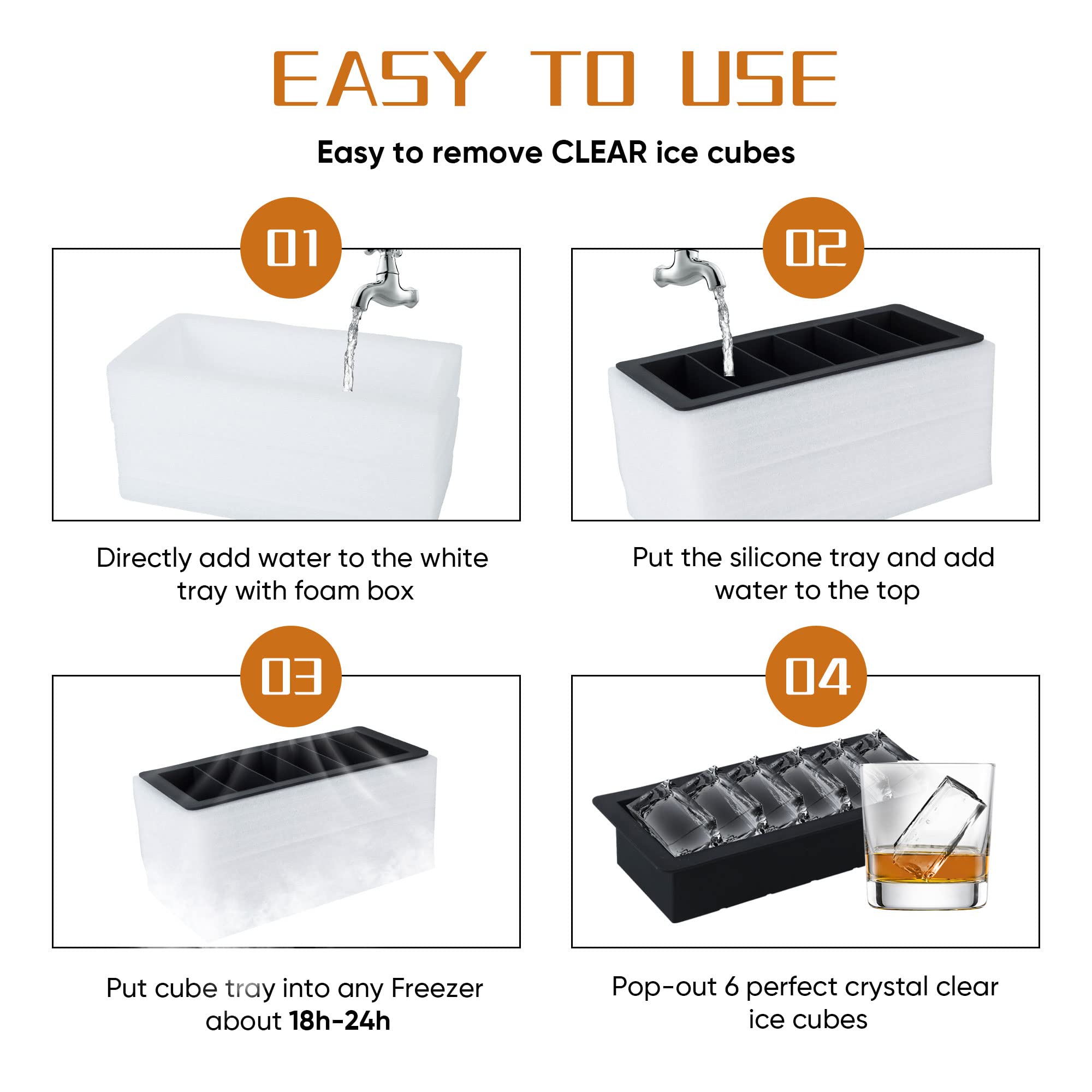Crystal Clear Ice Cube Maker - Make 6 Large Ice Cubes Upgrade 4x1.6x2inch Clear Ice Cube Tray BPA-free Silicone for Gifts,Cocktail,Whiskey,Bourbon Drink