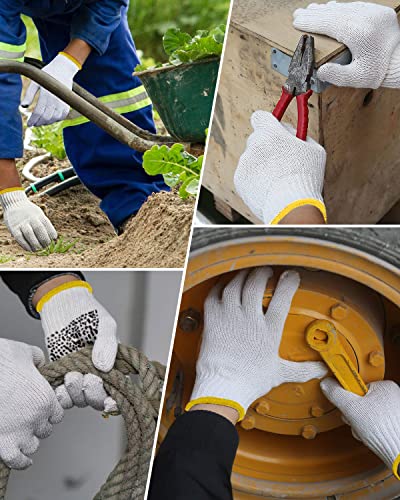 Meegoo Hand Working Gloves, 12 Pairs White Cotton Polyester Liners Gloves Safety Work Gloves for Men Women With Dots (Black, L)
