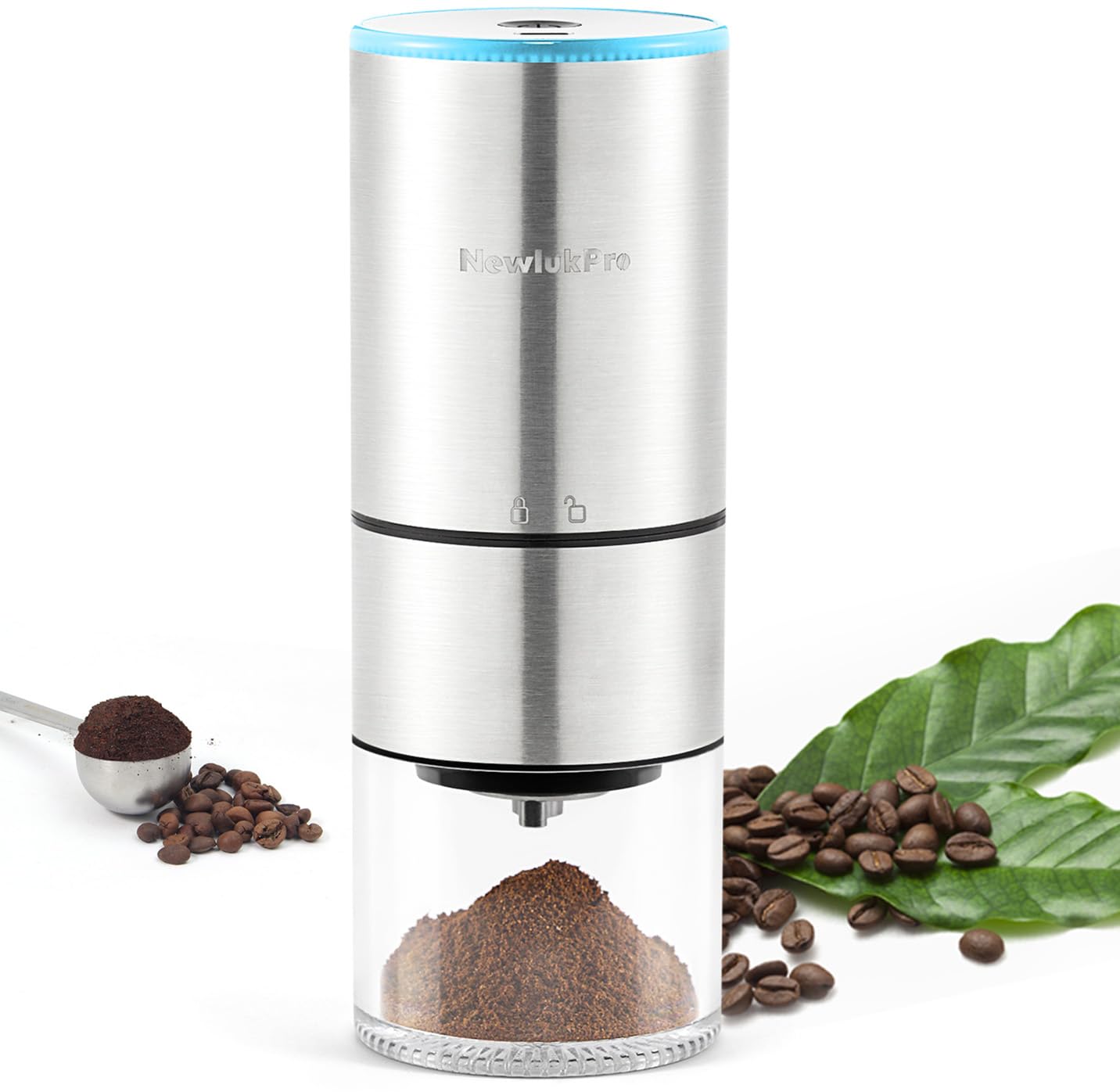 NewlukPro Coffee Grinder Electric, Portable Mini Conical Burr Mill, Stainless Steel Compact Cafe Grind with Precise Adjustable Settings,Automatic Coffee Bean Grinding for Drip Espresso PourOver