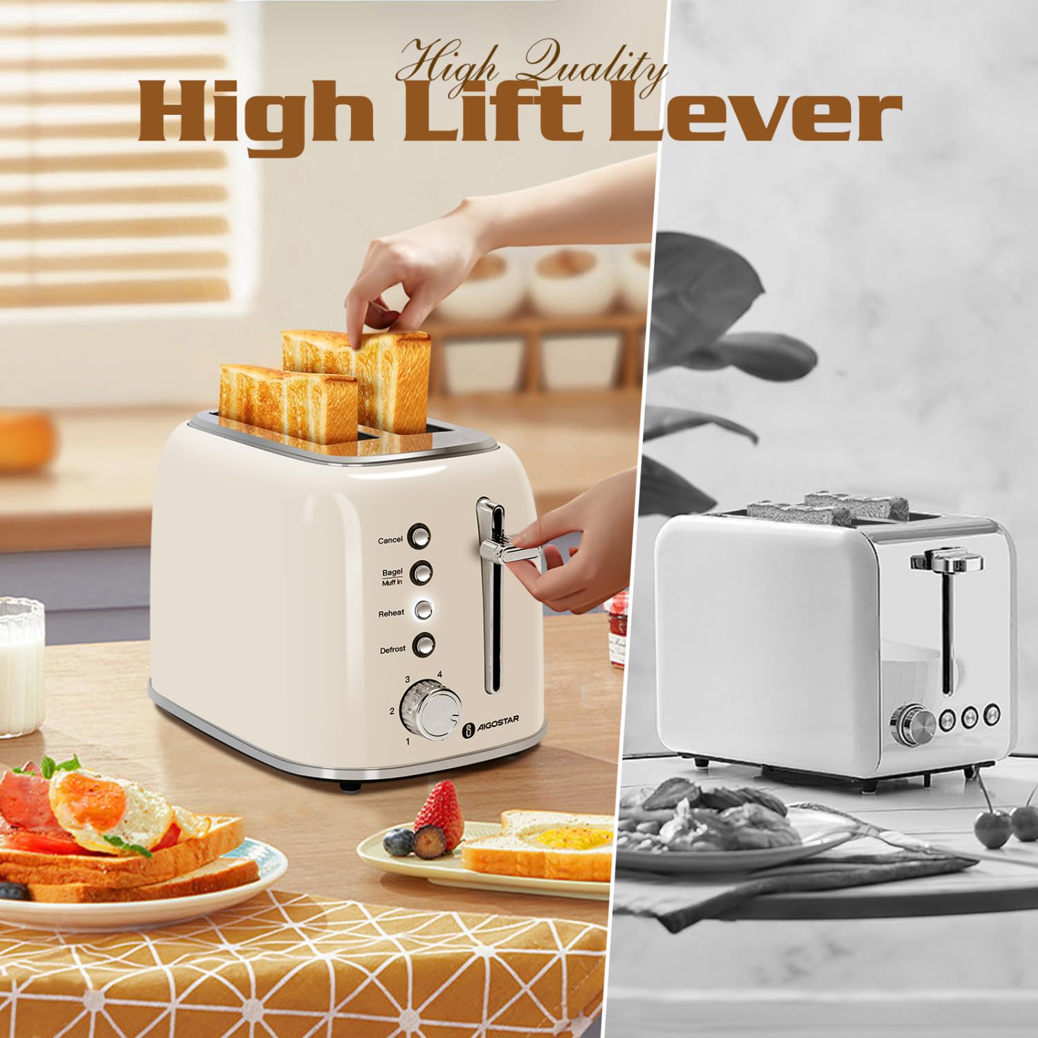 Aigostar Toaster 2 Slice, Retro Extra-Wide Slot Toaster for Toasting Bagel Breads Waffle & More with Cancel, Defrost Function and 6 Browning Setting, Removable Crumb Tray, Stainless Steel, Cream White