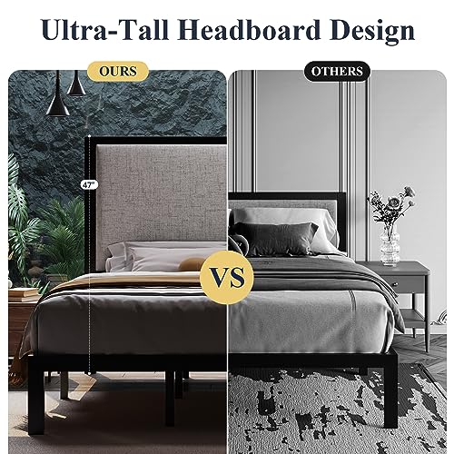 Allewie Full Size Bed Frame with 47'' Tall Upholstered Headboard, High Metal Bed Frame with 12'' Under-Bed Storage Space/Wood Slats Support/Easy Assembly/No Box Spring Need/Noise-Free/Grey