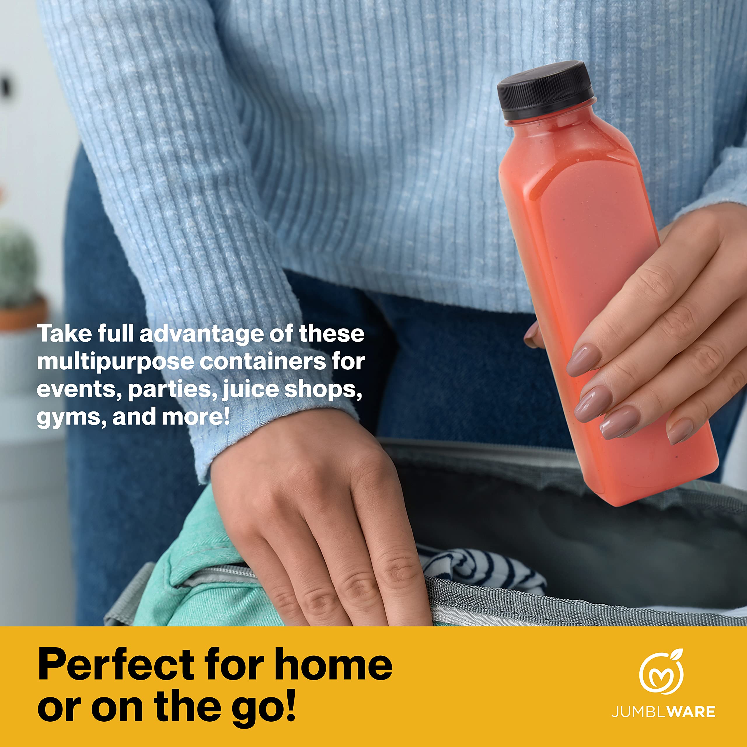 JumblWare Juice Bottles 20 Clear Plastic 16oz Reusable Bottles w/Funnel, Cleaning Brush, & Labels for Work, Gym, Home, & Catered Events Recyclable, Disposable, Shatterproof, BPA-Free Made in USA