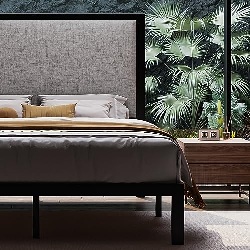 Allewie Full Size Bed Frame with 47'' Tall Upholstered Headboard, High Metal Bed Frame with 12'' Under-Bed Storage Space/Wood Slats Support/Easy Assembly/No Box Spring Need/Noise-Free/Grey