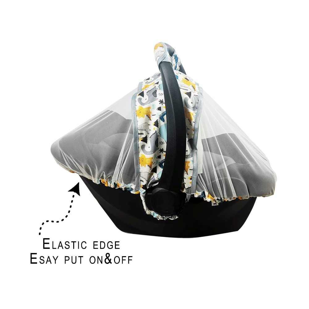 Mosquito Net for Baby CarSeat –Car seat net for Newborn Carrier –Breathable mesh net for Infant Car Seats, Stroller and Bassinets, Carrier, Elastic Edge, Kick Proof, Dinosaur, White, Patent Design