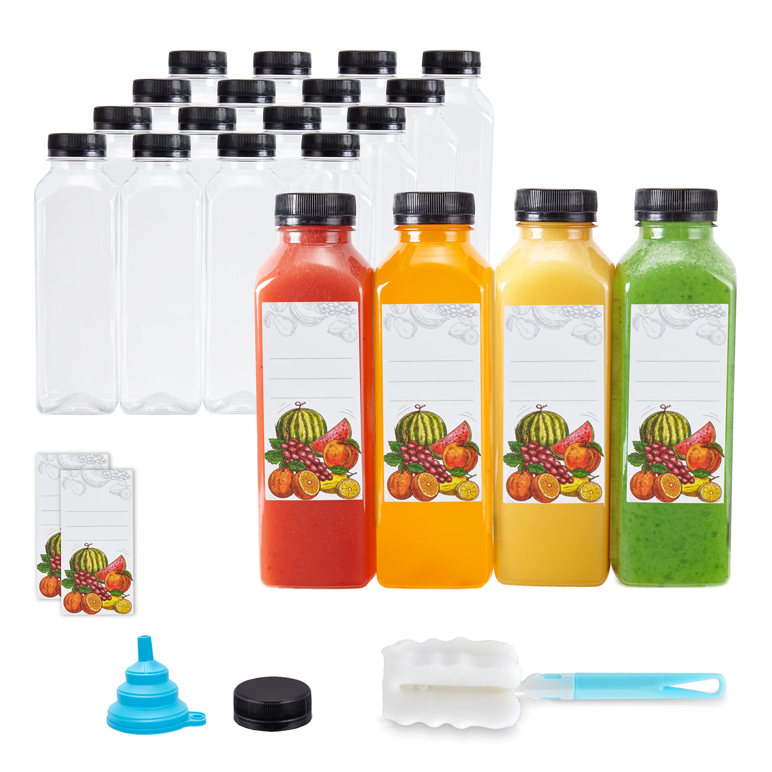 JumblWare Juice Bottles 20 Clear Plastic 16oz Reusable Bottles w/Funnel, Cleaning Brush, & Labels for Work, Gym, Home, & Catered Events Recyclable, Disposable, Shatterproof, BPA-Free Made in USA