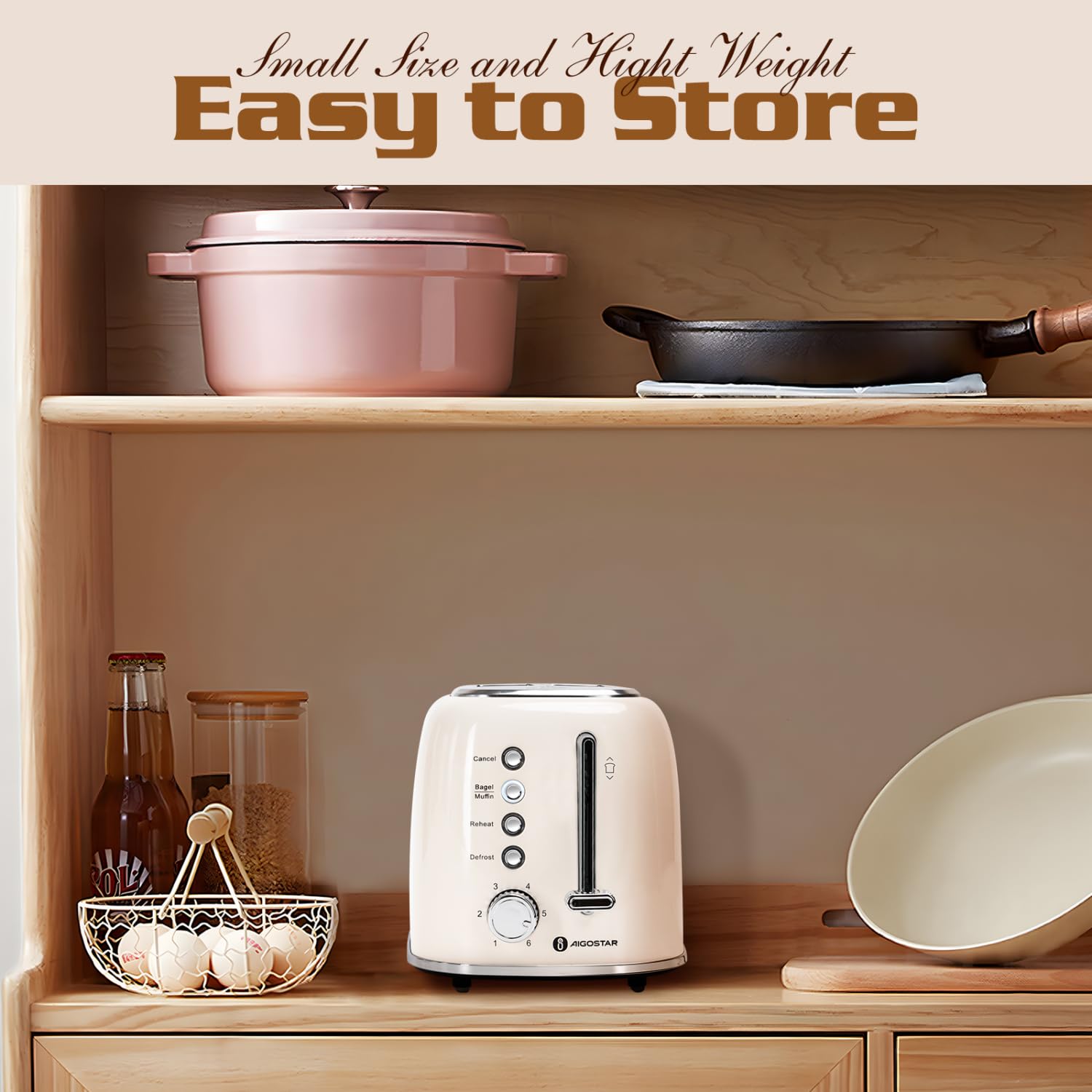 Aigostar Toaster 2 Slice, Retro Extra-Wide Slot Toaster for Toasting Bagel Breads Waffle & More with Cancel, Defrost Function and 6 Browning Setting, Removable Crumb Tray, Stainless Steel, Cream White