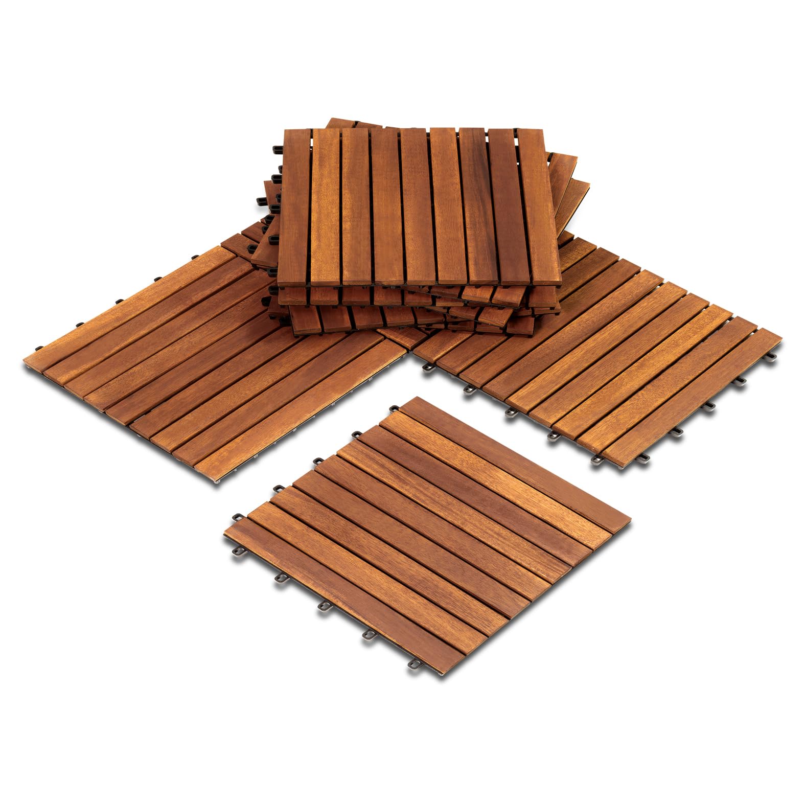 Solid Wood Interlocking Flooring Tiles (Pack of 10, 12" x 12"), Solid Wood Deck Tiles Interlocking, Patio Tiles Outdoor Interlocking Waterproof All Weather (12, 9 Slat)