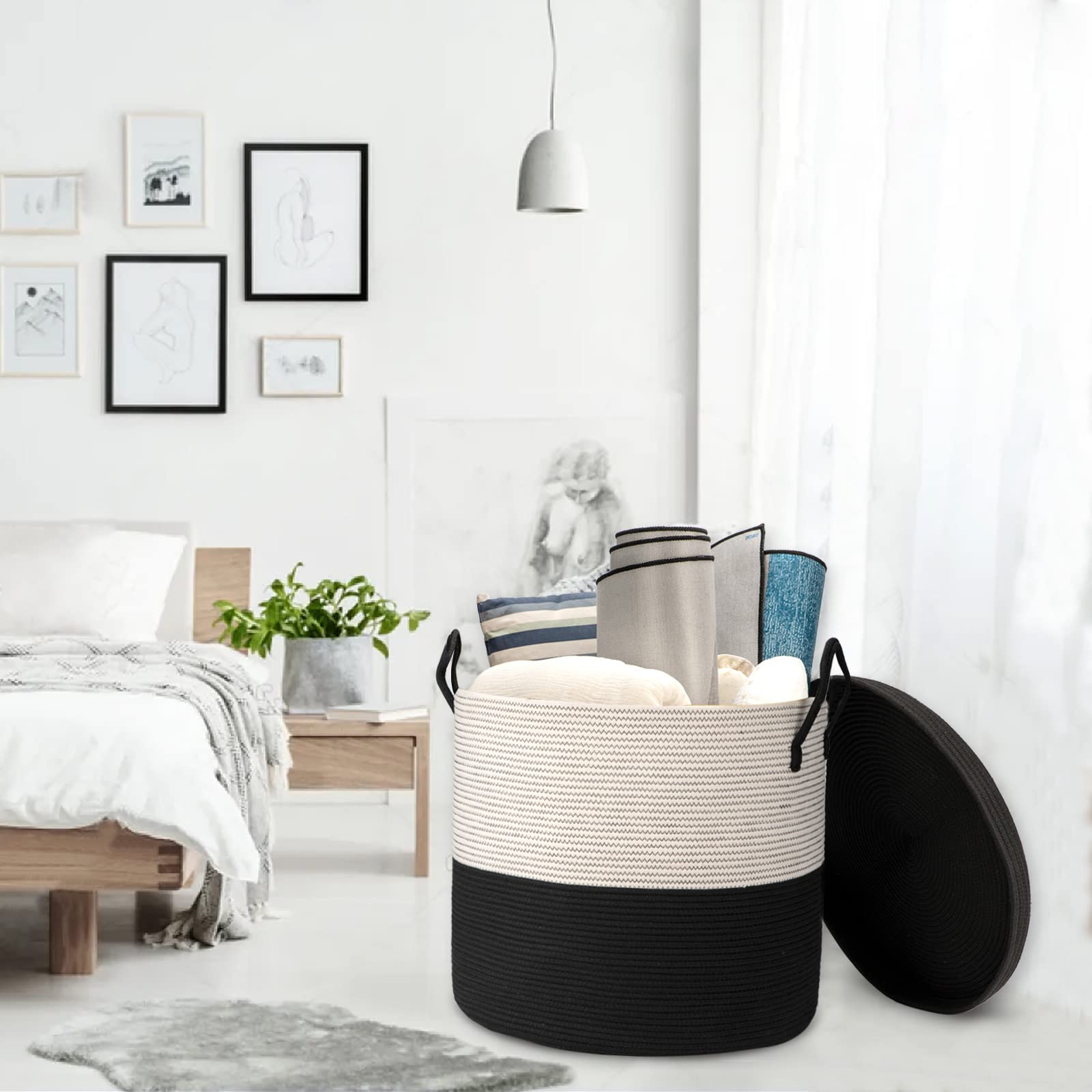 Echueuey 115L Extra Large storage basket with lid, blanket basket with lid for living room,extra large laundry basket,large round basket with lid,wicker basket with lid,Black 21" x 21" x 18"
