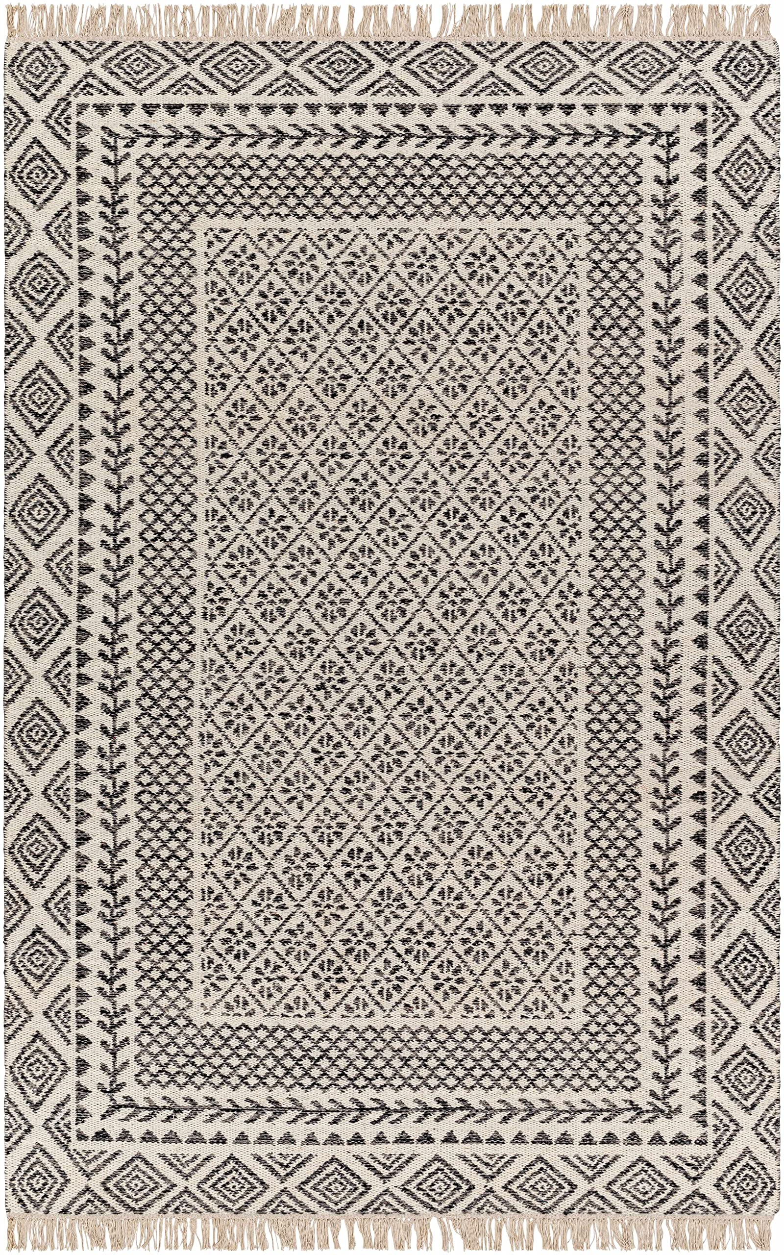 Hauteloom Hulda Wool Living Room, Bedroom Area Rug - Bordered - Boho, Bohemian Carpet - Modern Farmhouse - Gray, Black, White - 8' x 10'