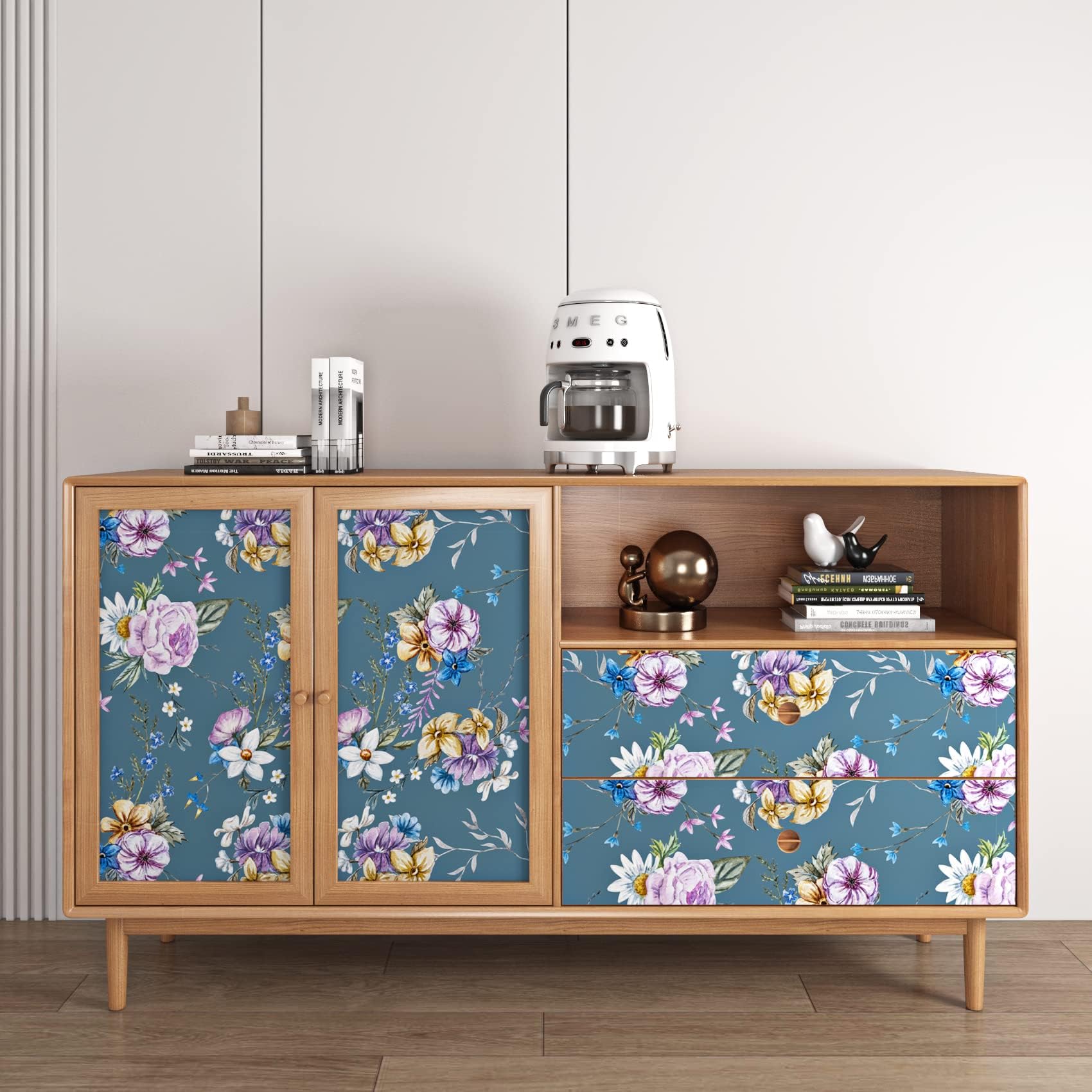 ReWallpaper Blue Floral Peel and Stick Wallpaper - Boho Modern Flower Pattern - Self Adhesive Contact Paper - Bod Wallpaper for Bedroom Bathroom 17.5inx10ft