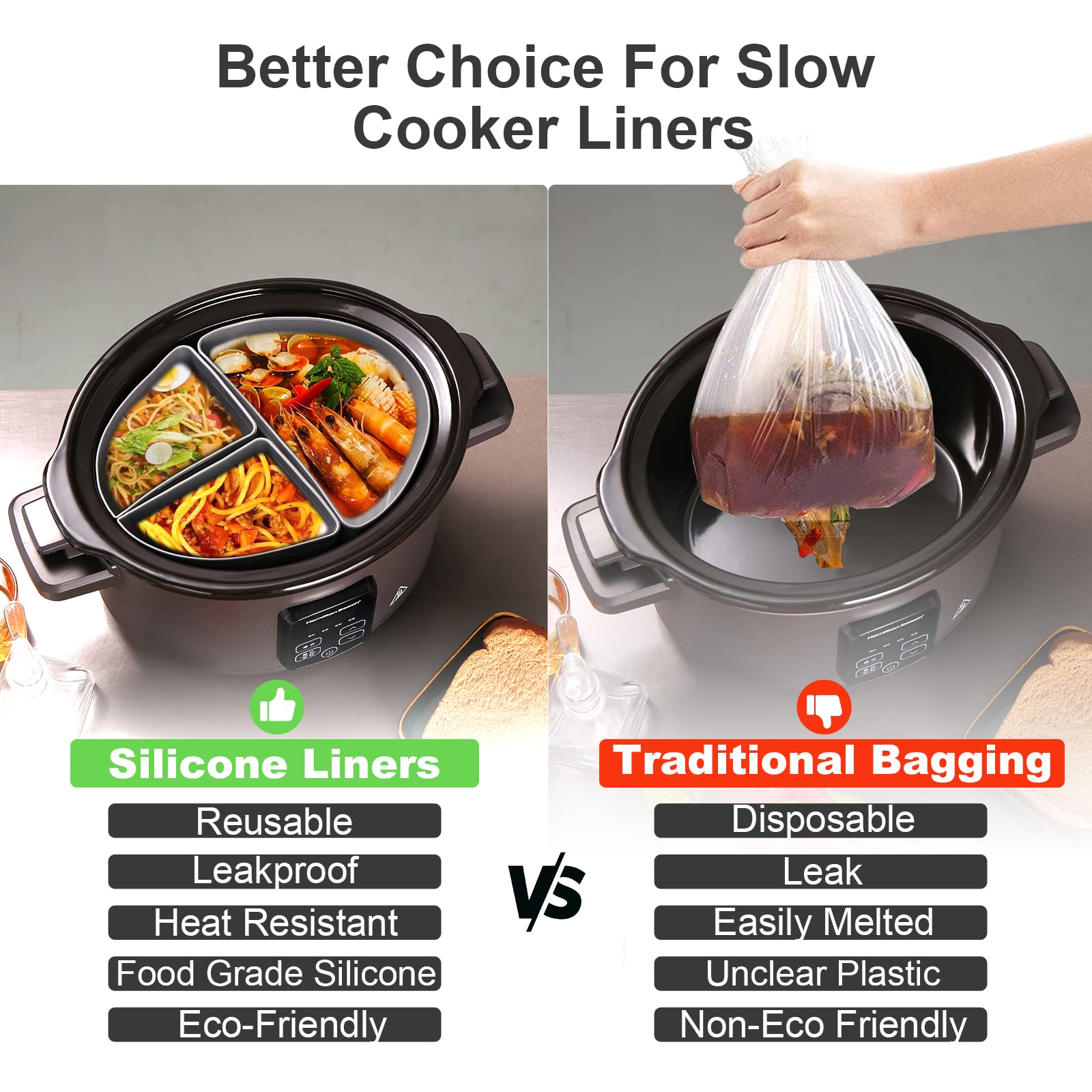 Syaws Crock Pots Liners 3Pack,Slow Cooker Divider Liner, Reusable & Leakproof Silicone Slow Cook Liner,BPA Free & Dishwasher Safe Slow Cooker Insert for 6 QT Crock-pots