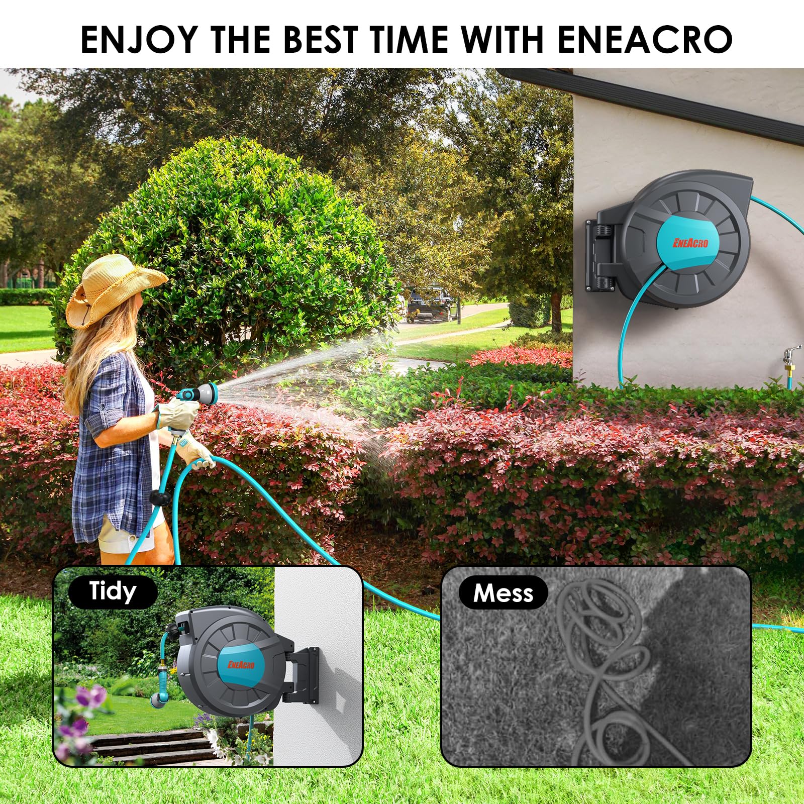 ENEACRO Retractable Garden Hose Reel with Wall Mount 1/2"×120ft with 10 Pattern Hose Nozzle, Brass Connector, Auto Rewind/Any Length Lock/ 180° Swivel Bracket, Ideal for Garden Watering