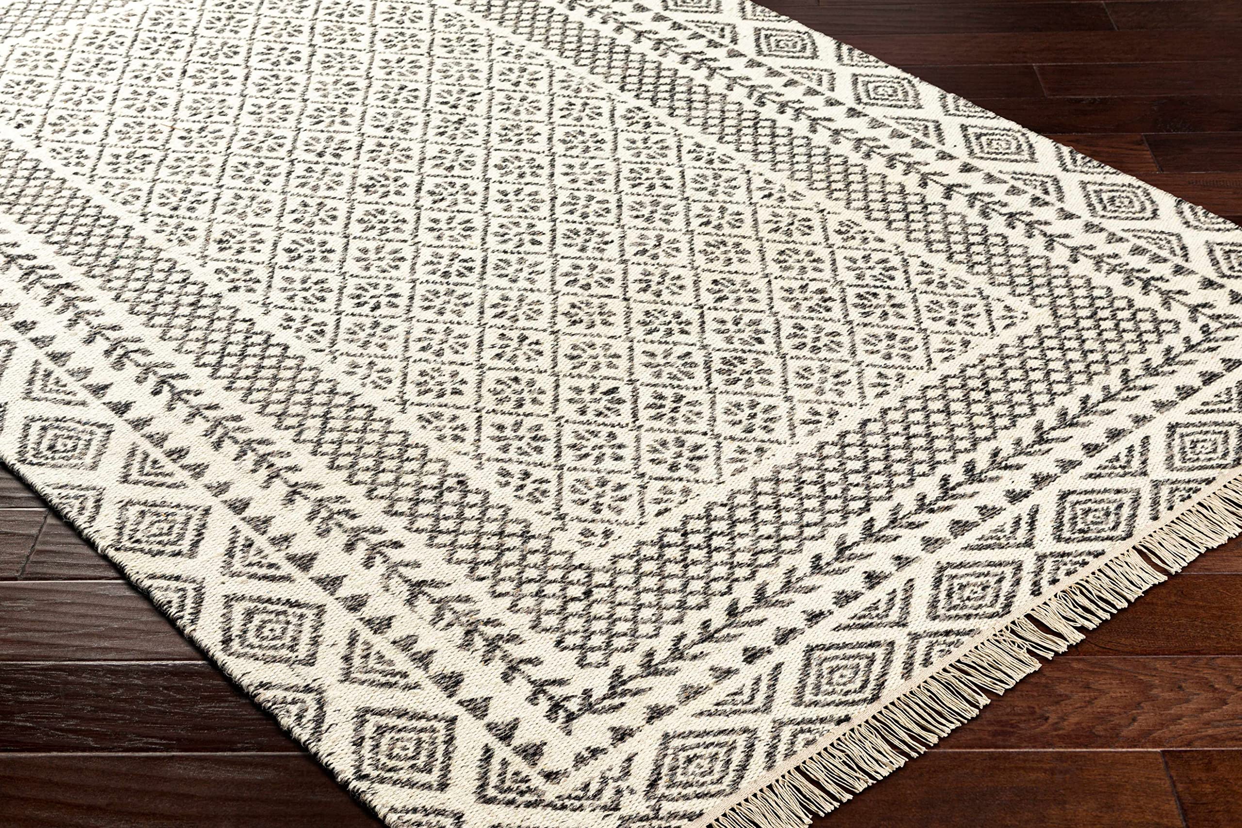 Hauteloom Hulda Wool Living Room, Bedroom Area Rug - Bordered - Boho, Bohemian Carpet - Modern Farmhouse - Gray, Black, White - 8' x 10'