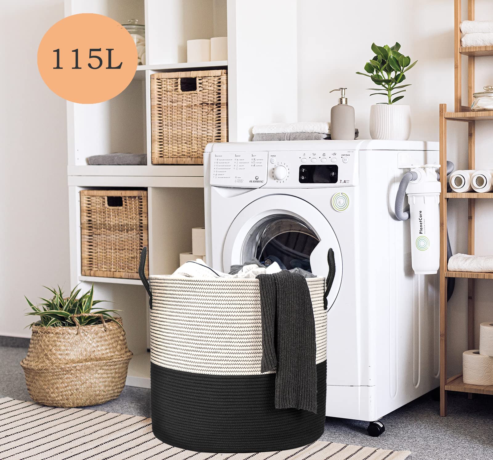 Echueuey 115L Extra Large storage basket with lid, blanket basket with lid for living room,extra large laundry basket,large round basket with lid,wicker basket with lid,Black 21" x 21" x 18"