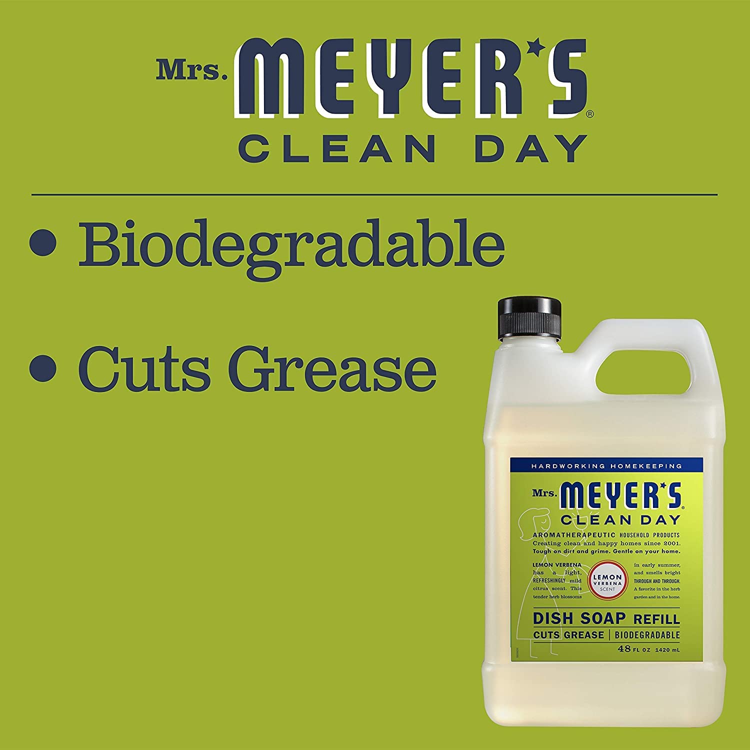 MRS. MEYER'S CLEAN DAY Liquid Dish Soap Refill, Biodegradable Formula, Lemon Verbena, 48 Fl Oz. (Pack of 2)
