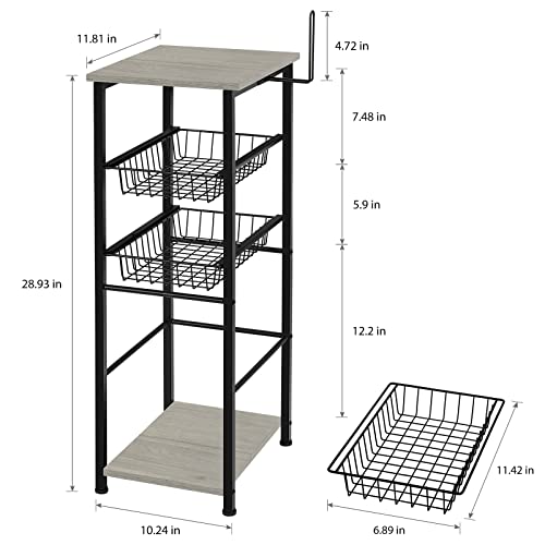 Small Bathroom Shelves, Floor Storage Cabinet with 2 Drawers, Narrow Towel Rack Organizer 4 Tiers, Modern Bathroom Storage Tower Cabinet with Tissue Bar, Standing Units Shelf for Laundry Living Room