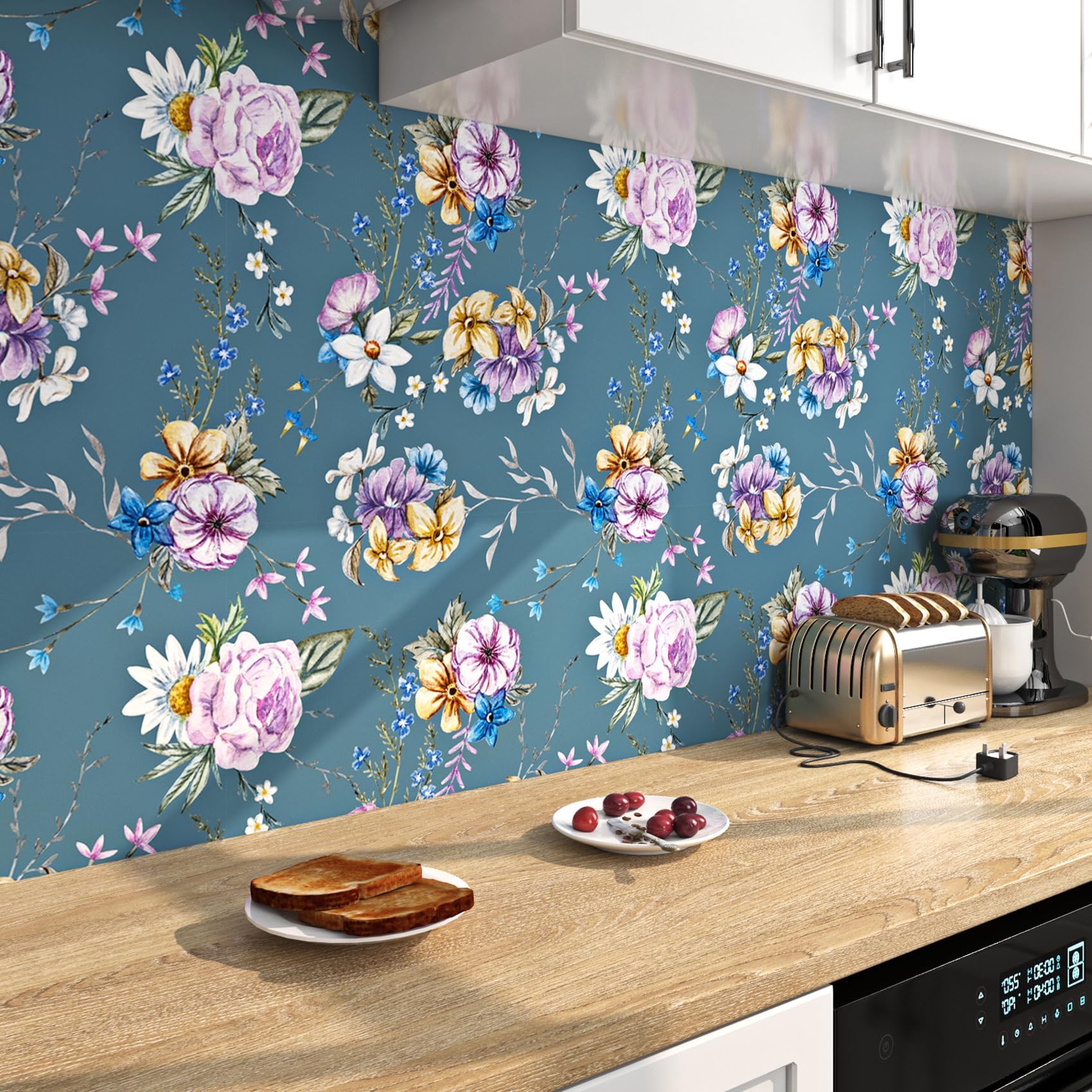 ReWallpaper Blue Floral Peel and Stick Wallpaper - Boho Modern Flower Pattern - Self Adhesive Contact Paper - Bod Wallpaper for Bedroom Bathroom 17.5inx10ft