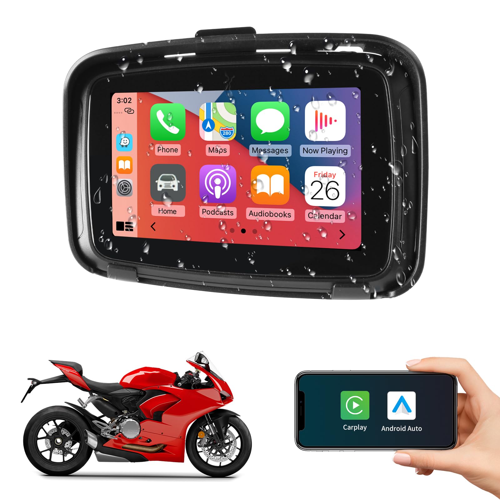 5 Inch Portable Touchscreen for Motorcycle, Waterproof Touch Screen Wireless CarPlay&Android Auto,GPS Navigation via CarPlay/Android Auto for Motorbike