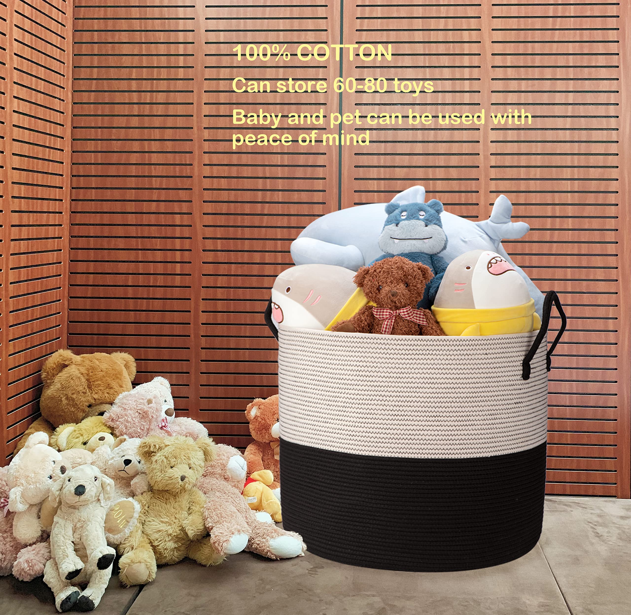 Echueuey 115L Extra Large storage basket with lid, blanket basket with lid for living room,extra large laundry basket,large round basket with lid,wicker basket with lid,Black 21" x 21" x 18"