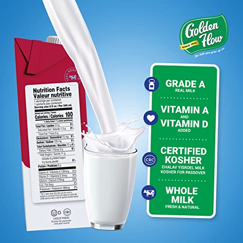 Golden Flow Shelf Stable Whole milk - UHT Boxed Milk - Fortified with Vitamins A & D –No Refrigeration Needed, Cholov Yisroel, Kosher for Passover -8 FL oz- (Pack of 12)