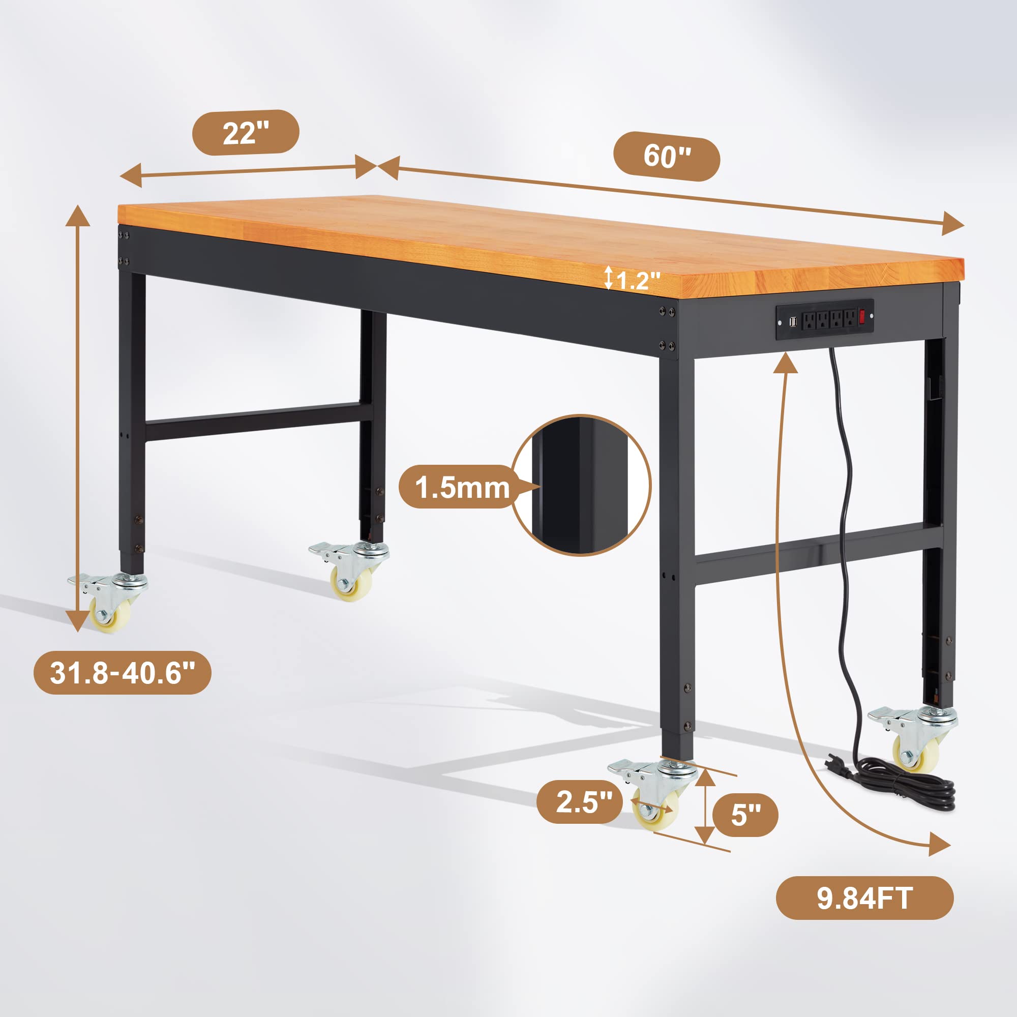 AHB 60" Rolling Workbench Adjustable Height, Oak Wood Work Table with Power Outlets, Max 2000 LBS, Heavy Duty Workstation for Garage Office Home, with Wheels & Feet(Black 60"x 22")