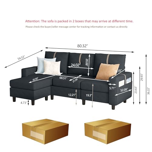 Pingliang Home 80" Sectional Sofas for Living Room, 3 Seat L Shaped Couch with Reversible Ottoman, Modern Linen Fabric Small Sectional Couch for Apartment Small Space, Dark Grey