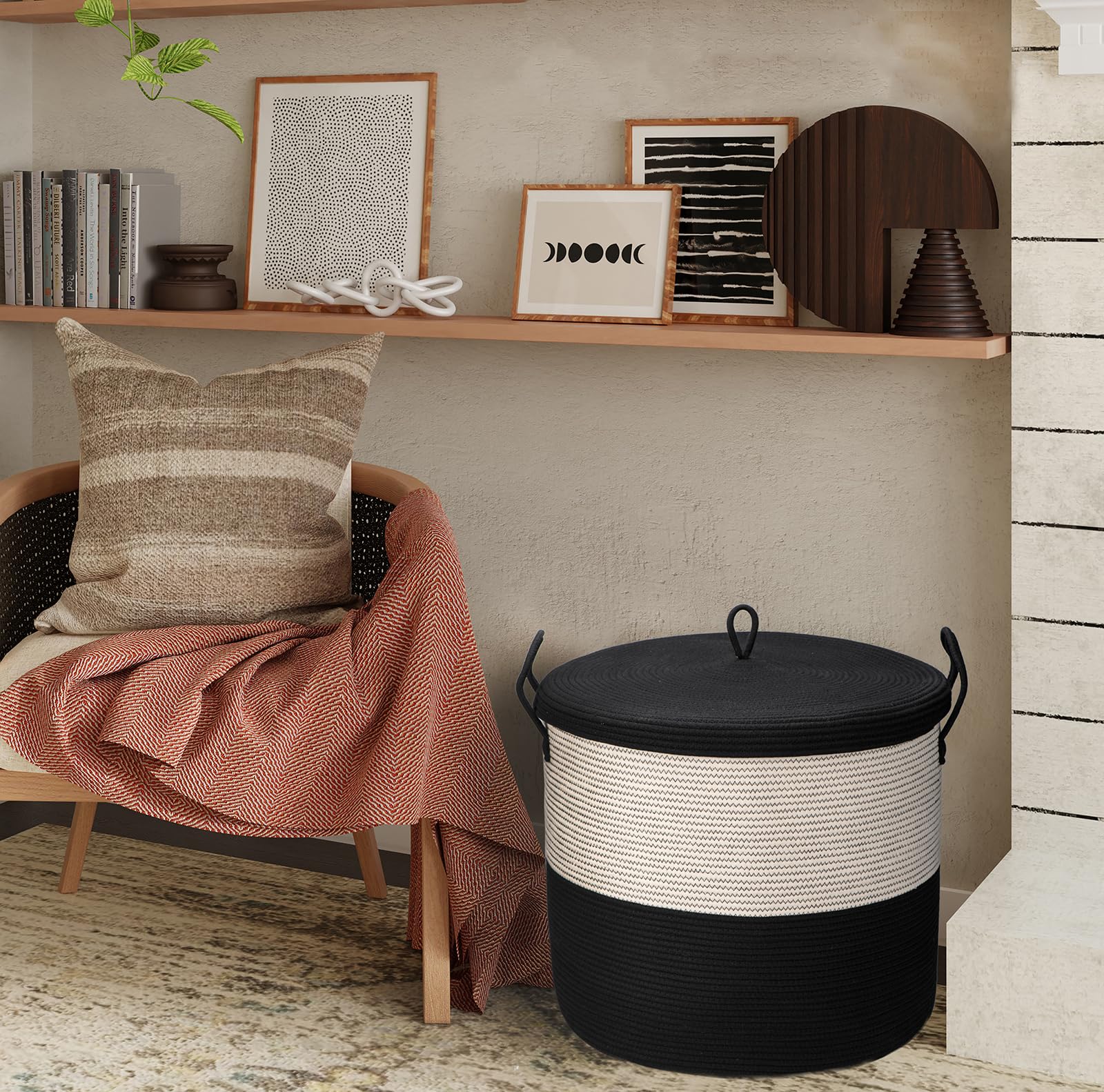 Echueuey 115L Extra Large storage basket with lid, blanket basket with lid for living room,extra large laundry basket,large round basket with lid,wicker basket with lid,Black 21" x 21" x 18"