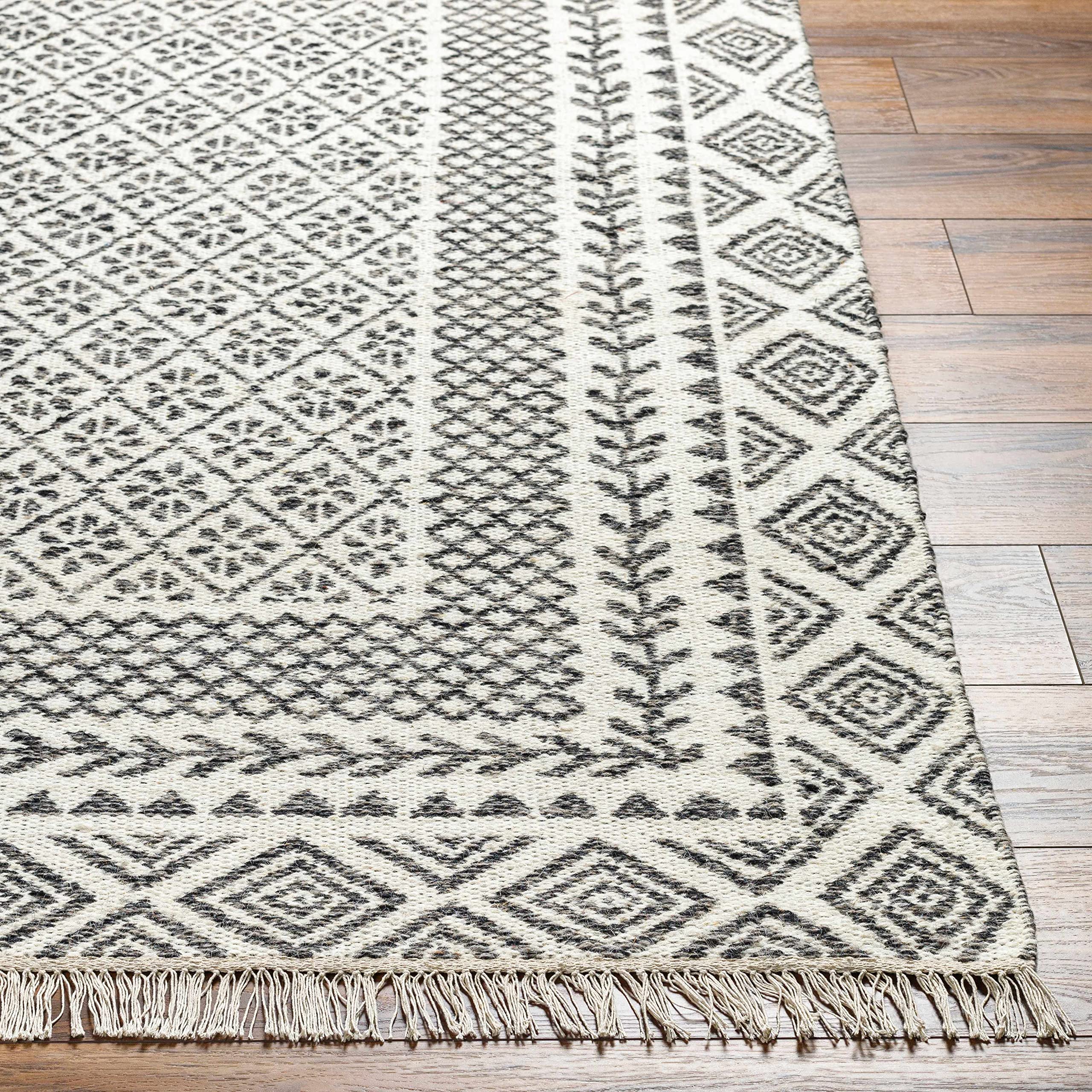 Hauteloom Hulda Wool Living Room, Bedroom Area Rug - Bordered - Boho, Bohemian Carpet - Modern Farmhouse - Gray, Black, White - 8' x 10'