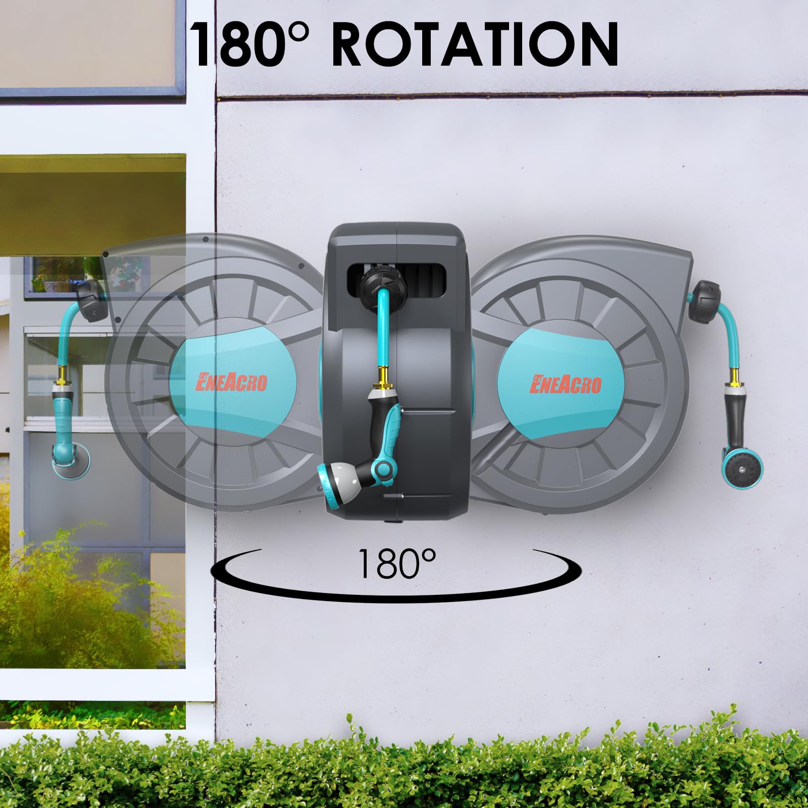 ENEACRO Retractable Garden Hose Reel with Wall Mount 1/2"×120ft with 10 Pattern Hose Nozzle, Brass Connector, Auto Rewind/Any Length Lock/ 180° Swivel Bracket, Ideal for Garden Watering