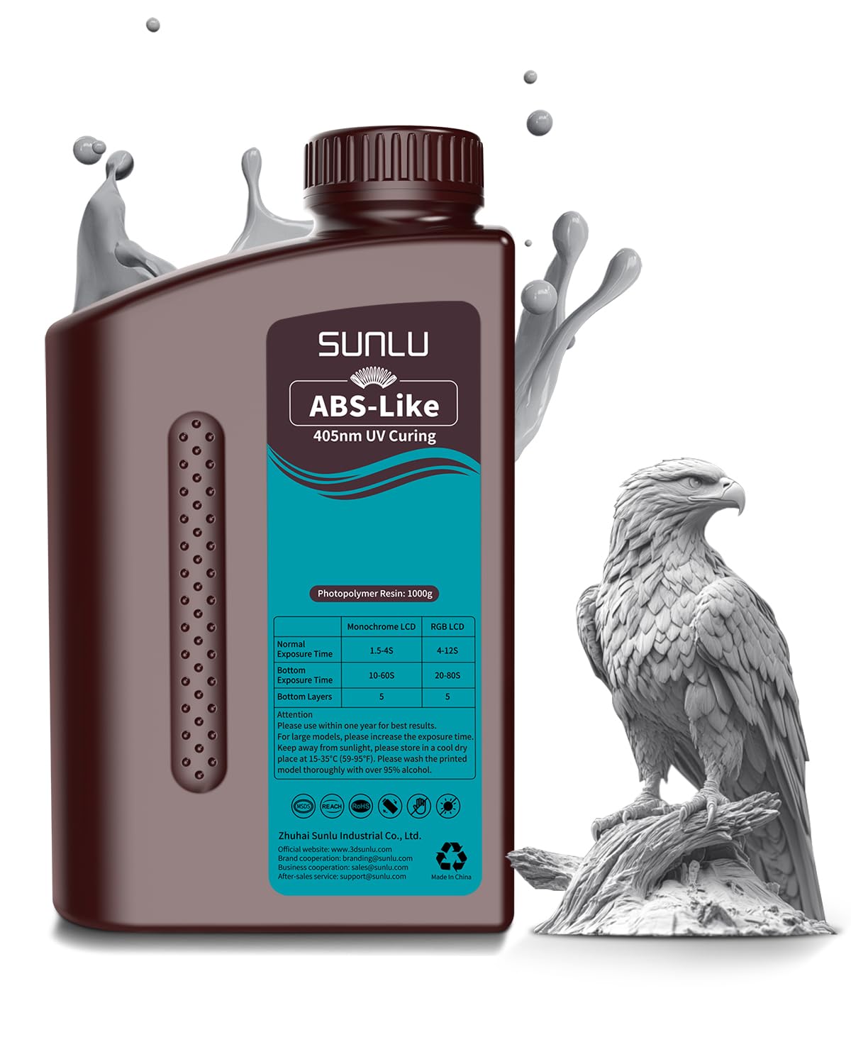 SUNLU 1000G ABS Like Resin for 3D Printer, 405nm UV Curing Photopolymer Rapid 3D Resin for 2K 4K 6K 8K LCD/DLP/SLA 3D Printers, Non-Brittle & High Precision & Low Shrinkage, 1KG, Grey
