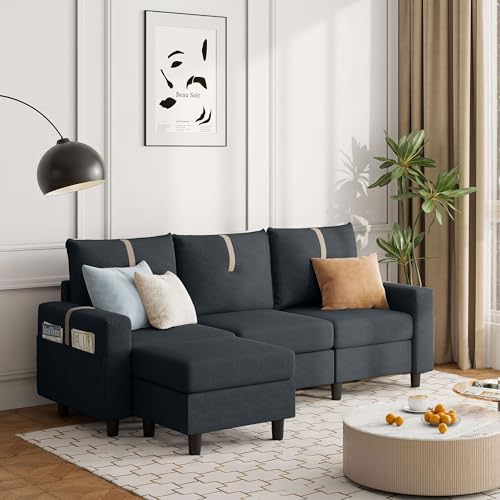 Pingliang Home 80" Sectional Sofas for Living Room, 3 Seat L Shaped Couch with Reversible Ottoman, Modern Linen Fabric Small Sectional Couch for Apartment Small Space, Dark Grey