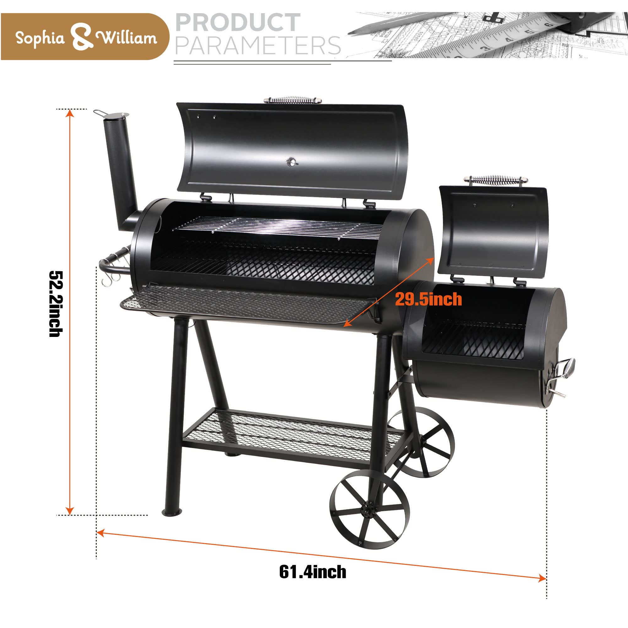 Sophia & William Heavy-Duty Charcoal Outdoor Smoker Grills, Extra Large Offset Smoker (941 SQ.IN. Cooking Area), Charcoal Grill & Smoker Combo for BBQ Patio Cooking
