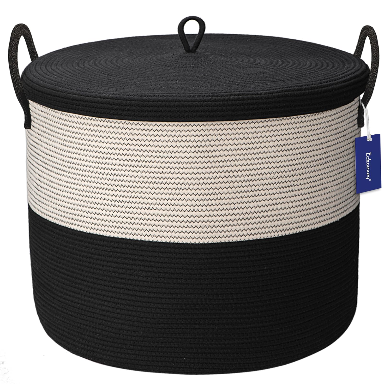 Echueuey 115L Extra Large storage basket with lid, blanket basket with lid for living room,extra large laundry basket,large round basket with lid,wicker basket with lid,Black 21" x 21" x 18"
