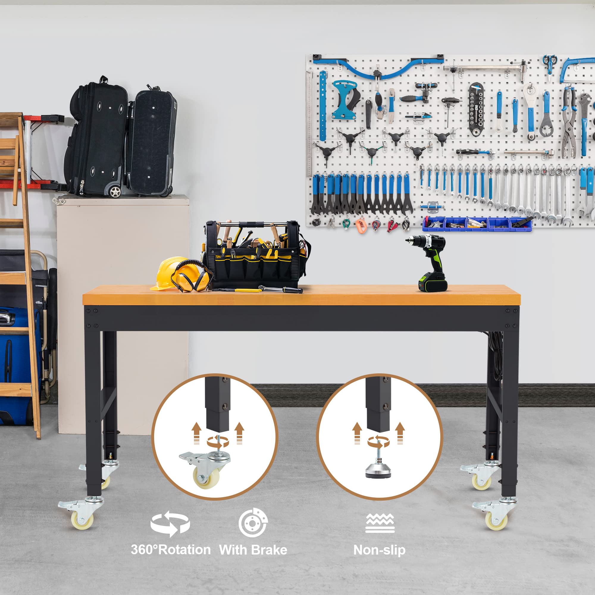 AHB 60" Rolling Workbench Adjustable Height, Oak Wood Work Table with Power Outlets, Max 2000 LBS, Heavy Duty Workstation for Garage Office Home, with Wheels & Feet(Black 60"x 22")