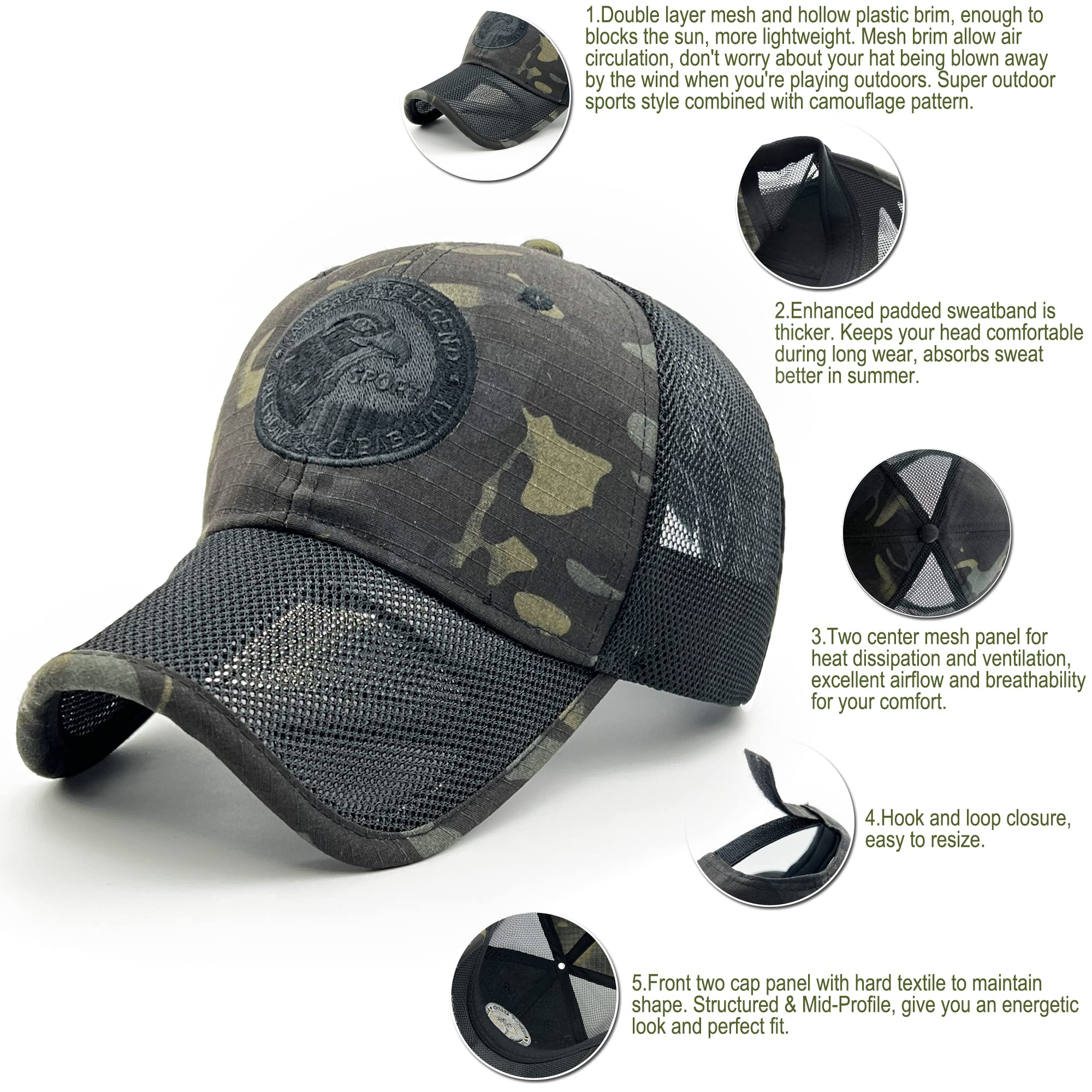 Loneshark Mesh Bill Mens Breathable Tactical Camo Baseball Caps Womens Military Army Patriotic Operator Camouflage Hats American-Eagle-Black-Camo