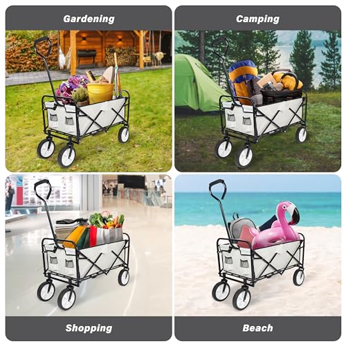 YSSOA Portable Rolling Folding Garden Cart with 360 Degree Swivel Anti-Slip Wheels & Adjustable Handle, 220lbs Weight Capacity, White
