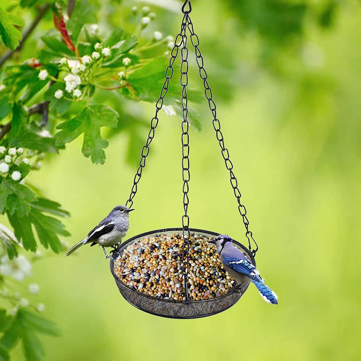 FLINTER Hanging Bird Feeder, Bird Feeder Hanging for Garden Yard Outside Hanging Bird Feeder Tray - Metal Mesh Platform Feeders for Birds Outside Outdoors Hanging for Attracting Birds - Genuine