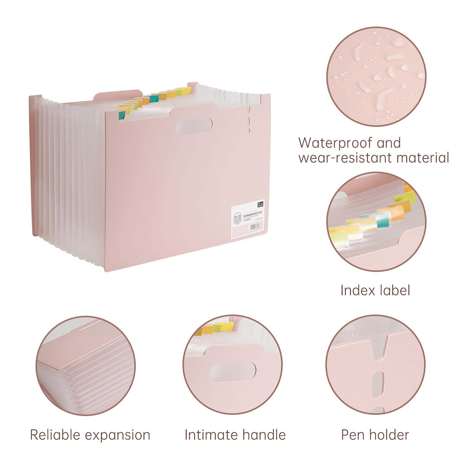 RANLOVE 13-Compartment Expanding File A4 Expandable File Document Folder Expanding Folder Sorting Folder Size Large Capacity Waterproof (Pink in Horizontal Style)