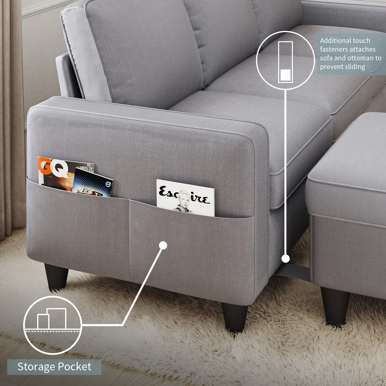 Lonkwa Convertible L-Shaped Sectional Sofa with Reversible Ottoman, 3-Seat Gray Couch for Living Rooms, Apartments, Offices, Small Spaces
