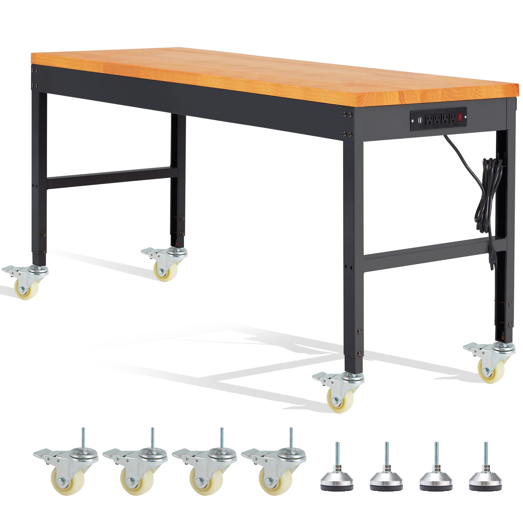 AHB 60" Rolling Workbench Adjustable Height, Oak Wood Work Table with Power Outlets, Max 2000 LBS, Heavy Duty Workstation for Garage Office Home, with Wheels & Feet(Black 60"x 22")