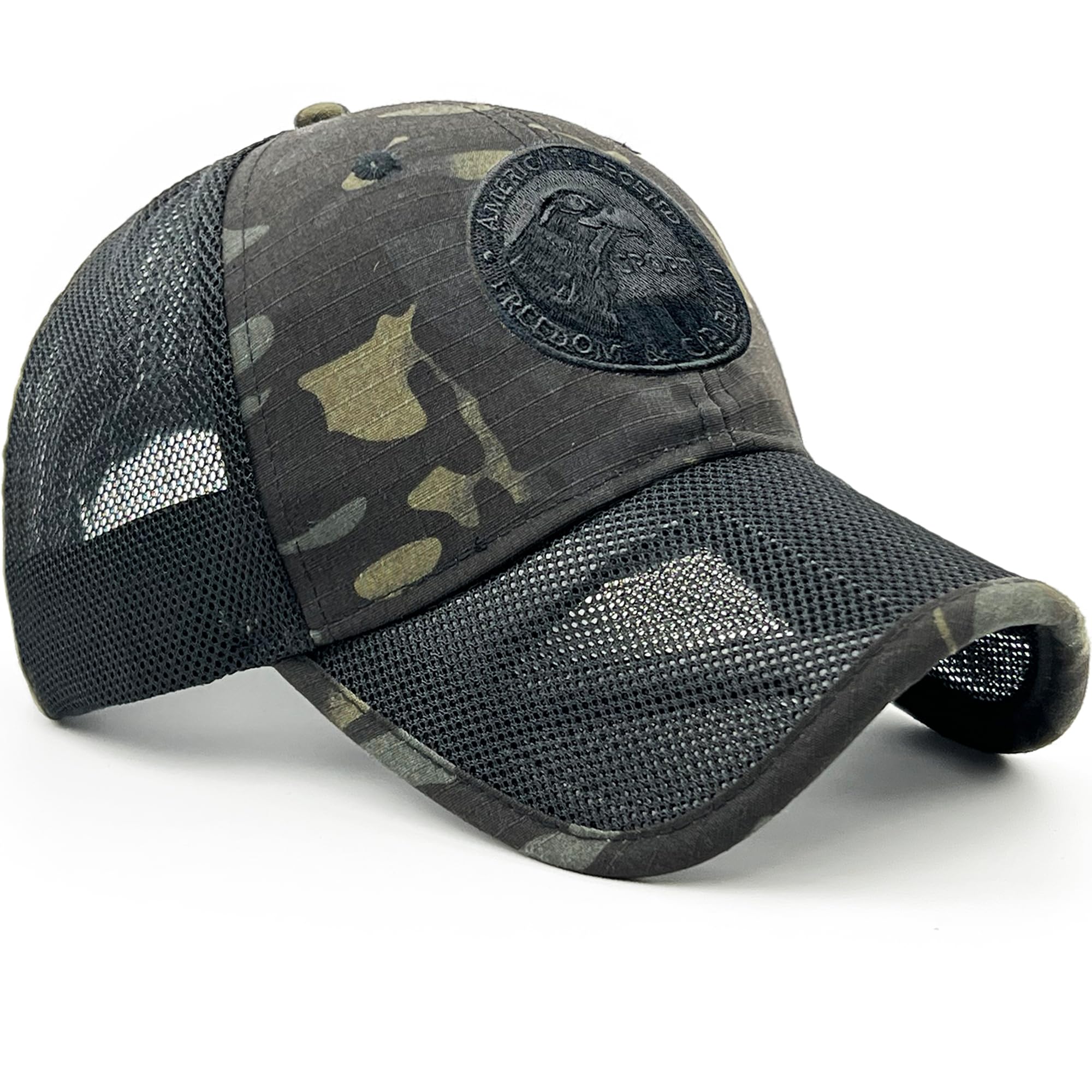 Loneshark Mesh Bill Mens Breathable Tactical Camo Baseball Caps Womens Military Army Patriotic Operator Camouflage Hats American-Eagle-Black-Camo