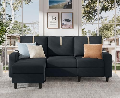 Pingliang Home 80" Sectional Sofas for Living Room, 3 Seat L Shaped Couch with Reversible Ottoman, Modern Linen Fabric Small Sectional Couch for Apartment Small Space, Dark Grey